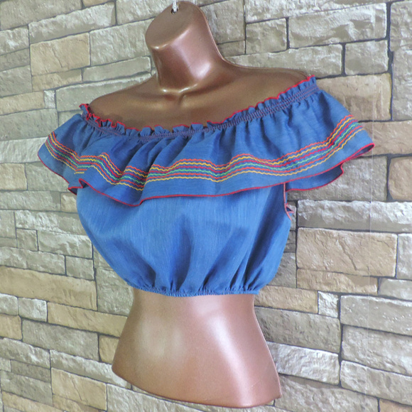 Vintage | Tops | Vtg 7s Boho Ruffle Shirt Off Shoulder Nos Hippie ...